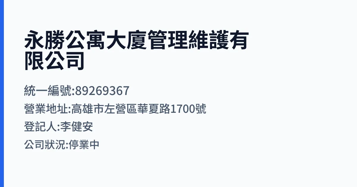 永勝公寓大廈管理維護有限公司 - 統編 89269367(高雄市) 公司登記資料與營業項目詳細圖表