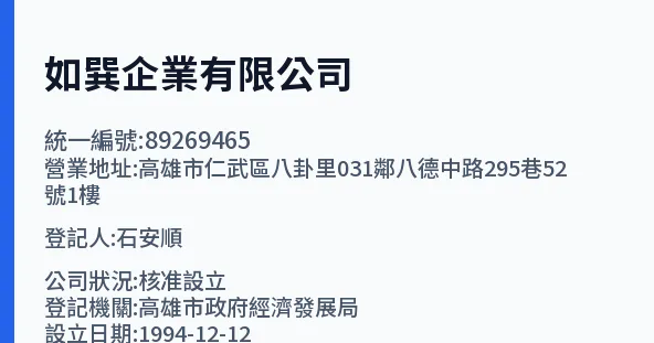 如巽企業有限公司的照片-統編 89269465(高雄市) 公司登記資料與營業項目詳細圖表