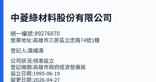 中菱綠材料股份有限公司的照片-統編 89276070(高雄市) 公司登記資料與營業項目詳細圖表