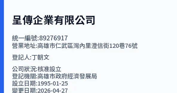 呈傳企業有限公司的照片-統編 89276917(高雄市) 公司登記資料與營業項目詳細圖表