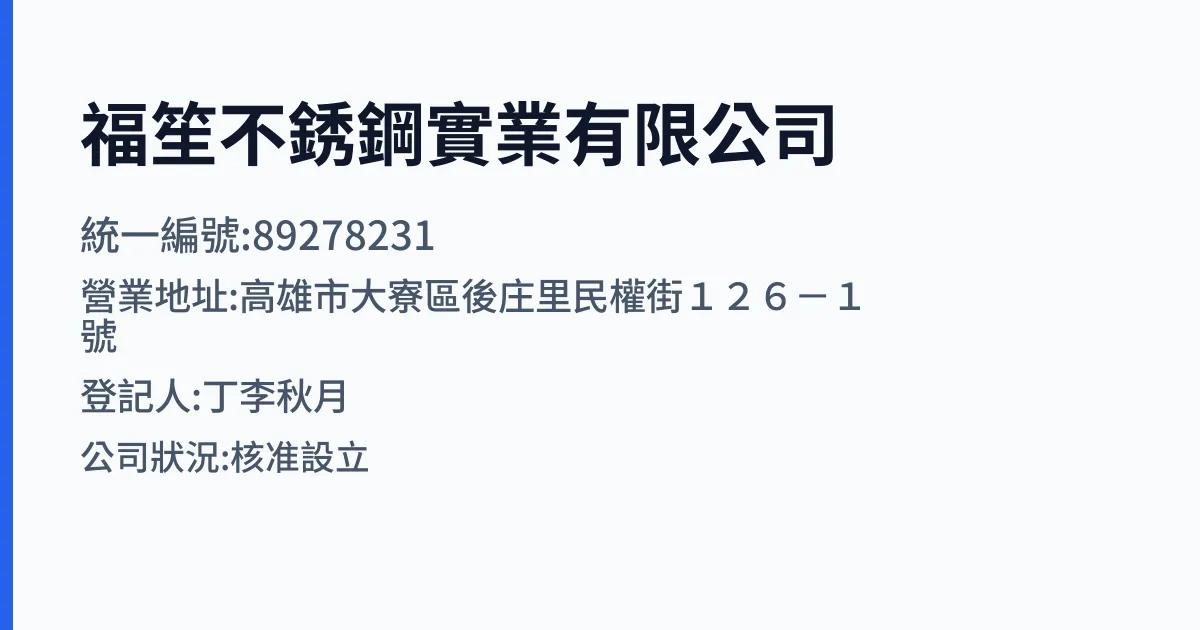 福笙不銹鋼實業有限公司 - 統編 89278231(高雄市) 公司登記資料與營業項目詳細圖表