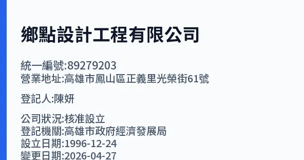 鄉點設計工程有限公司的照片-統編 89279203(高雄市) 公司登記資料與營業項目詳細圖表