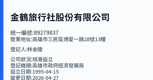 金鶴旅行社股份有限公司的照片-統編 89279837(高雄市) 公司登記資料與營業項目詳細圖表