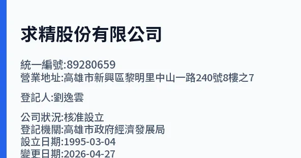 求精股份有限公司的照片-統編 89280659(高雄市) 公司登記資料與營業項目詳細圖表