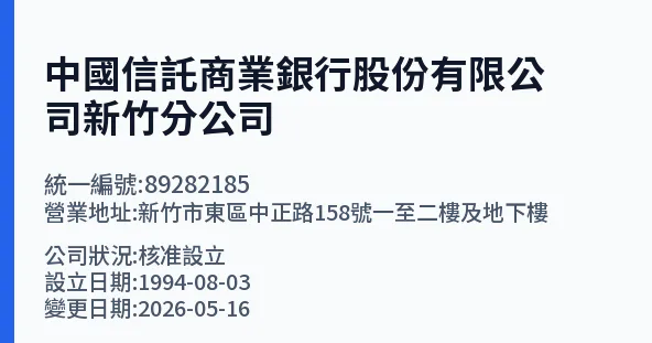 中國信託商業銀行股份有限公司新竹分公司的照片-統編 89282185(新竹市) 公司登記資料與營業項目詳細圖表