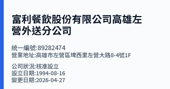 富利餐飲股份有限公司高雄左營外送分公司的照片-統編 89282474(高雄市) 公司登記資料與營業項目詳細圖表