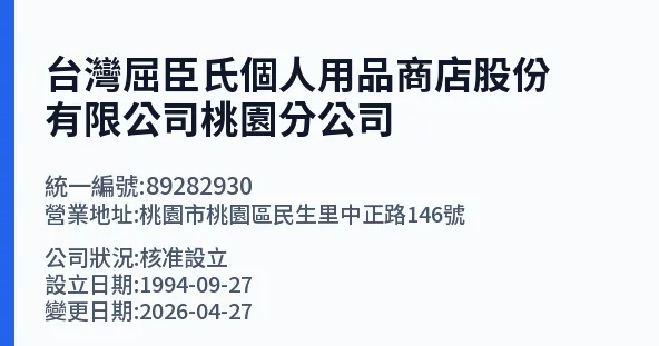 台灣屈臣氏個人用品商店股份有限公司桃園分公司的照片-統編 89282930(桃園市) 公司登記資料與營業項目詳細圖表