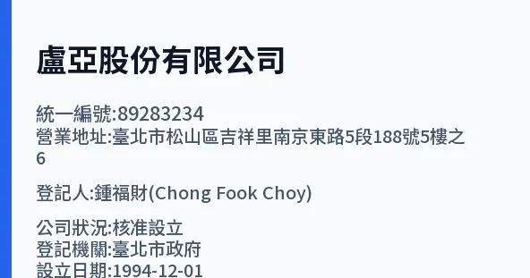 盧亞股份有限公司的照片-統編 89283234(臺北市) 公司登記資料與營業項目詳細圖表