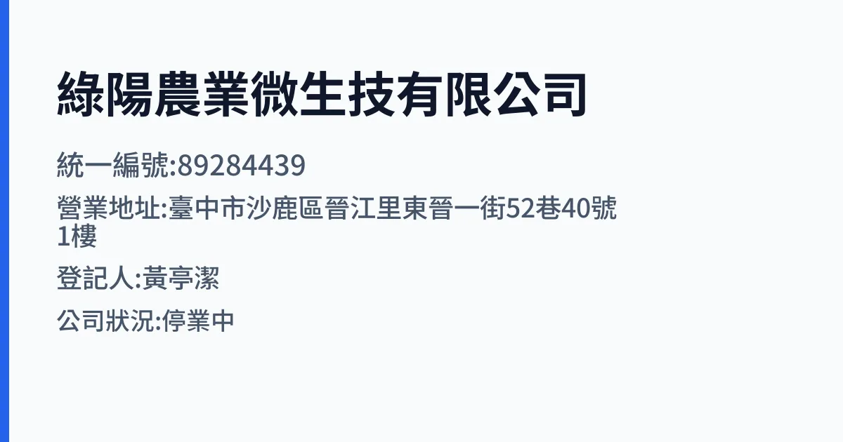 綠陽農業微生技有限公司 - 統編 89284439（臺中市） 公司登記資料與營業項目詳細圖表