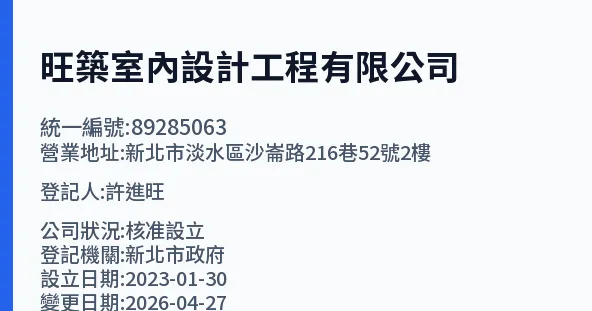 旺築室內設計工程有限公司的照片-統編 89285063(新北市) 公司登記資料與營業項目詳細圖表