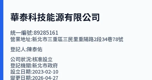 華泰科技能源有限公司的照片-統編 89285161(新北市) 公司登記資料與營業項目詳細圖表