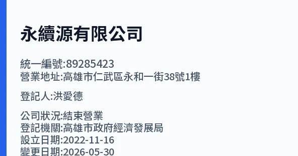 永續源有限公司的照片-統編 89285423(高雄市) 公司登記資料與營業項目詳細圖表