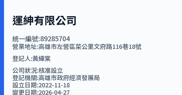 運紳有限公司的照片-統編 89285704(高雄市) 公司登記資料與營業項目詳細圖表