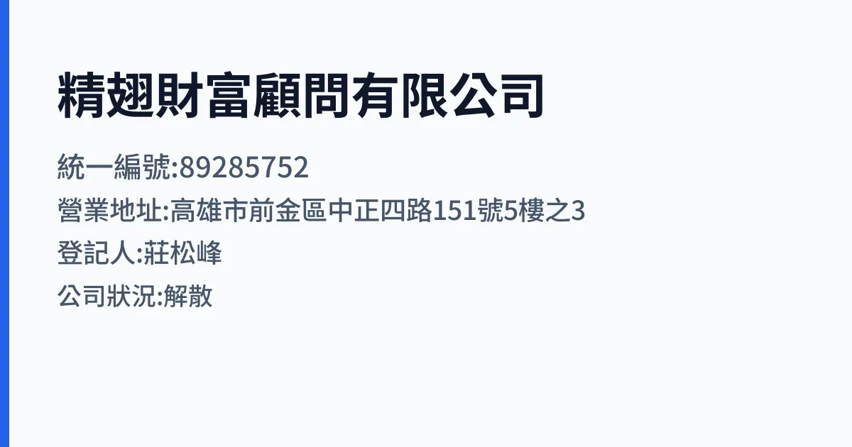 精翅財富顧問有限公司 - 統編 89285752(高雄市) 公司登記資料與營業項目詳細圖表