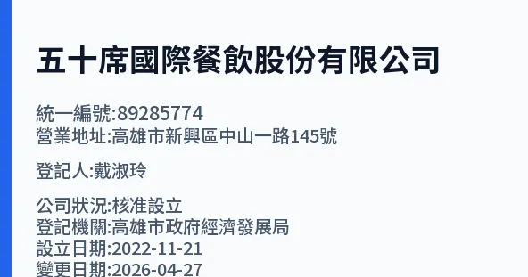 五十席國際餐飲股份有限公司的照片-統編 89285774(高雄市) 公司登記資料與營業項目詳細圖表