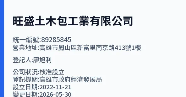 旺盛土木包工業有限公司的照片-統編 89285845(高雄市) 公司登記資料與營業項目詳細圖表