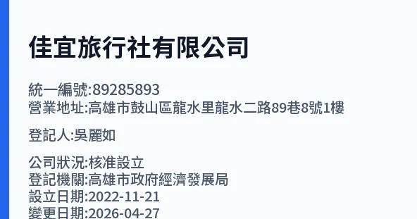 佳宜旅行社有限公司的照片-統編 89285893(高雄市) 公司登記資料與營業項目詳細圖表