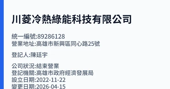 川菱冷熱綠能科技有限公司的照片-統編 89286128(高雄市) 公司登記資料與營業項目詳細圖表