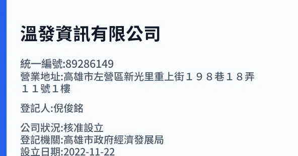 溫發資訊有限公司的照片-統編 89286149(高雄市) 公司登記資料與營業項目詳細圖表
