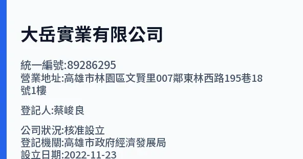 大岳實業有限公司的照片-統編 89286295(高雄市) 公司登記資料與營業項目詳細圖表