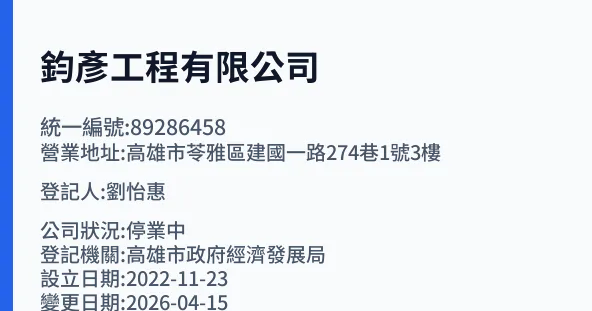 鈞彥工程有限公司的照片-統編 89286458(高雄市) 公司登記資料與營業項目詳細圖表