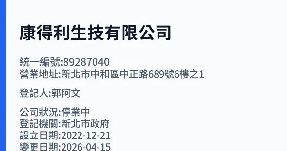 康得利生技有限公司的照片-統編 89287040(新北市) 公司登記資料與營業項目詳細圖表