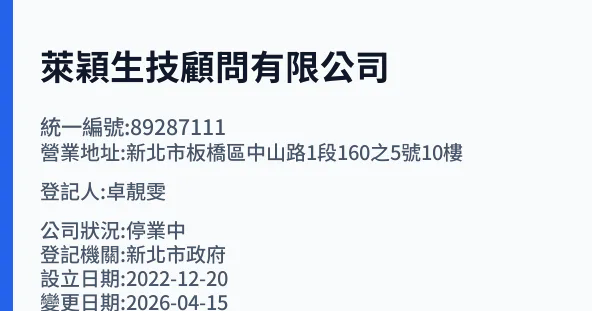 萊穎生技顧問有限公司的照片-統編 89287111(新北市) 公司登記資料與營業項目詳細圖表