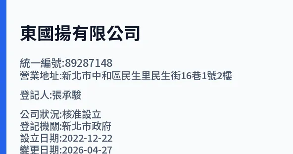 東國揚有限公司的照片-統編 89287148(新北市) 公司登記資料與營業項目詳細圖表