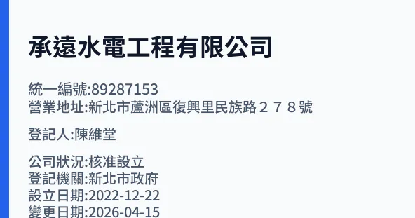 承遠水電工程有限公司的照片-統編 89287153(新北市) 公司登記資料與營業項目詳細圖表
