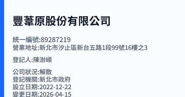 豐葦原股份有限公司的照片-統編 89287219(新北市) 公司登記資料與營業項目詳細圖表