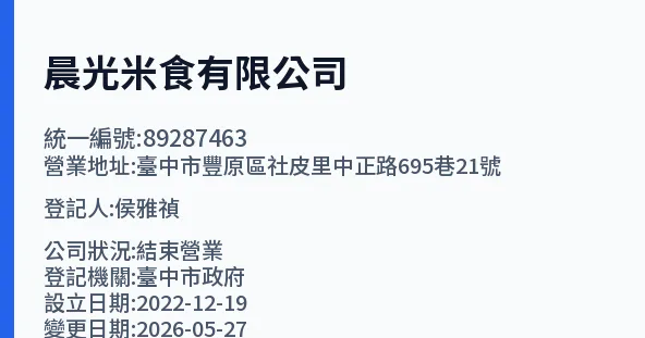 晨光米食有限公司的照片-統編 89287463(臺中市) 公司登記資料與營業項目詳細圖表