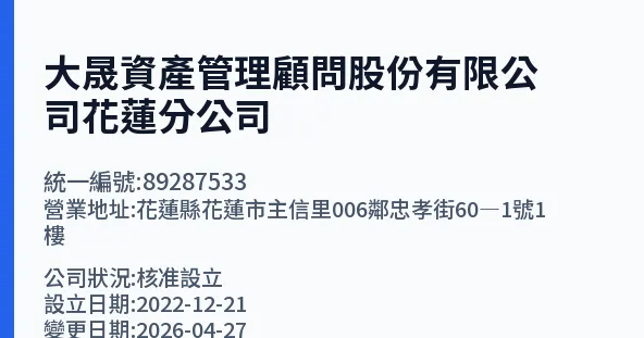大晟資產管理顧問股份有限公司花蓮分公司的照片-統編 89287533(花蓮縣) 公司登記資料與營業項目詳細圖表