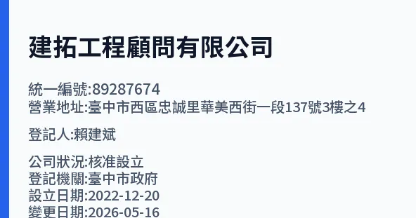 建拓工程顧問有限公司的照片-統編 89287674(臺中市) 公司登記資料與營業項目詳細圖表