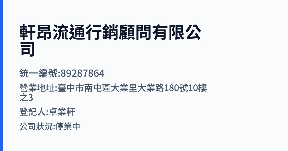 軒昂流通行銷顧問有限公司 - 統編 89287864(臺中市) 公司登記資料與營業項目詳細圖表