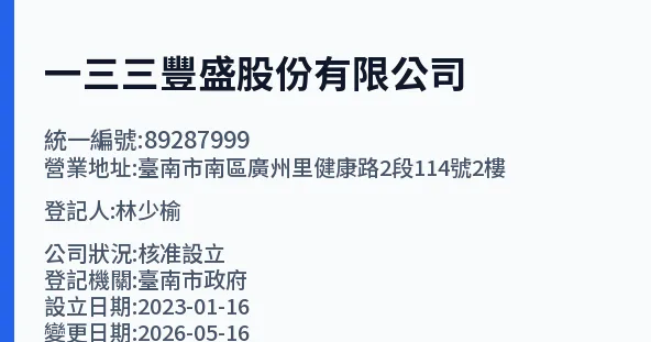 一三三豐盛股份有限公司的照片-統編 89287999(臺南市) 公司登記資料與營業項目詳細圖表