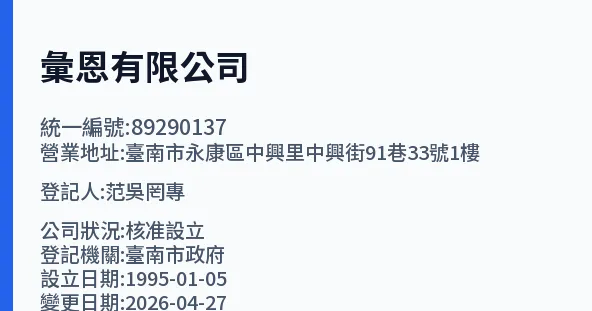 彙恩有限公司的照片-統編 89290137(臺南市) 公司登記資料與營業項目詳細圖表