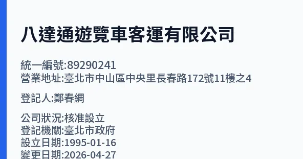八達通遊覽車客運有限公司的照片-統編 89290241(臺北市) 公司登記資料與營業項目詳細圖表