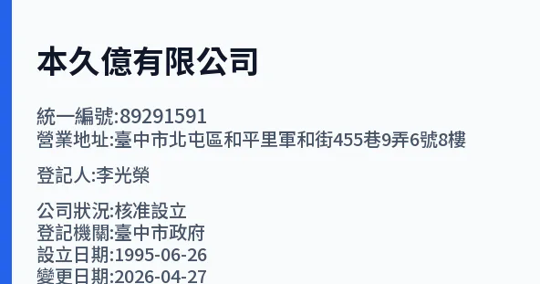 本久億有限公司的照片-統編 89291591(臺中市) 公司登記資料與營業項目詳細圖表