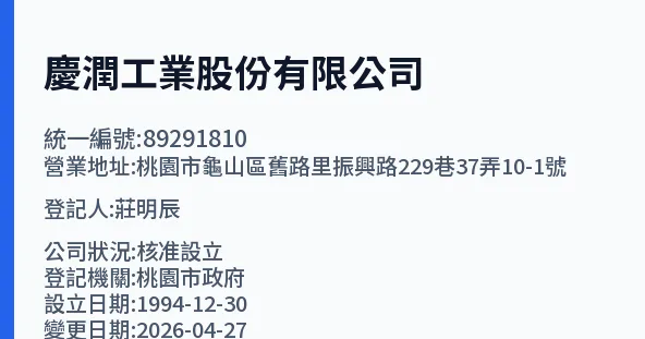 慶潤工業股份有限公司的照片-統編 89291810(桃園市) 公司登記資料與營業項目詳細圖表
