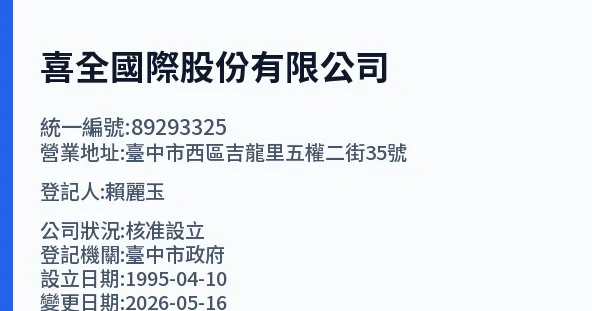 喜全國際股份有限公司的照片-統編 89293325(臺中市) 公司登記資料與營業項目詳細圖表