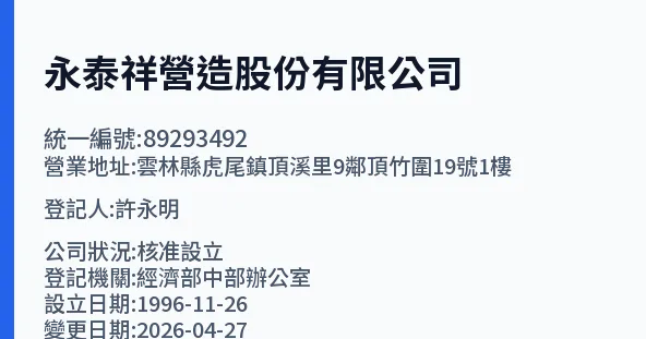 永泰祥營造股份有限公司的照片-統編 89293492(雲林縣) 公司登記資料與營業項目詳細圖表