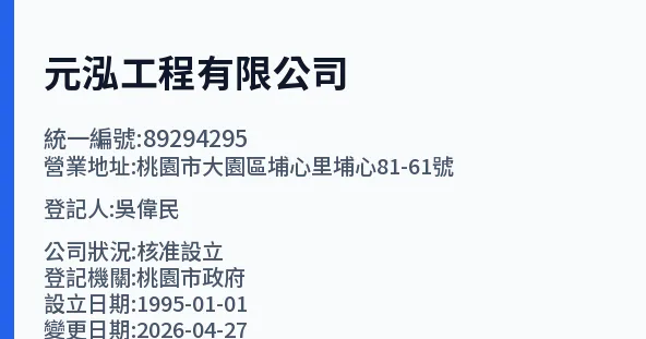 元泓工程有限公司的照片-統編 89294295(桃園市) 公司登記資料與營業項目詳細圖表