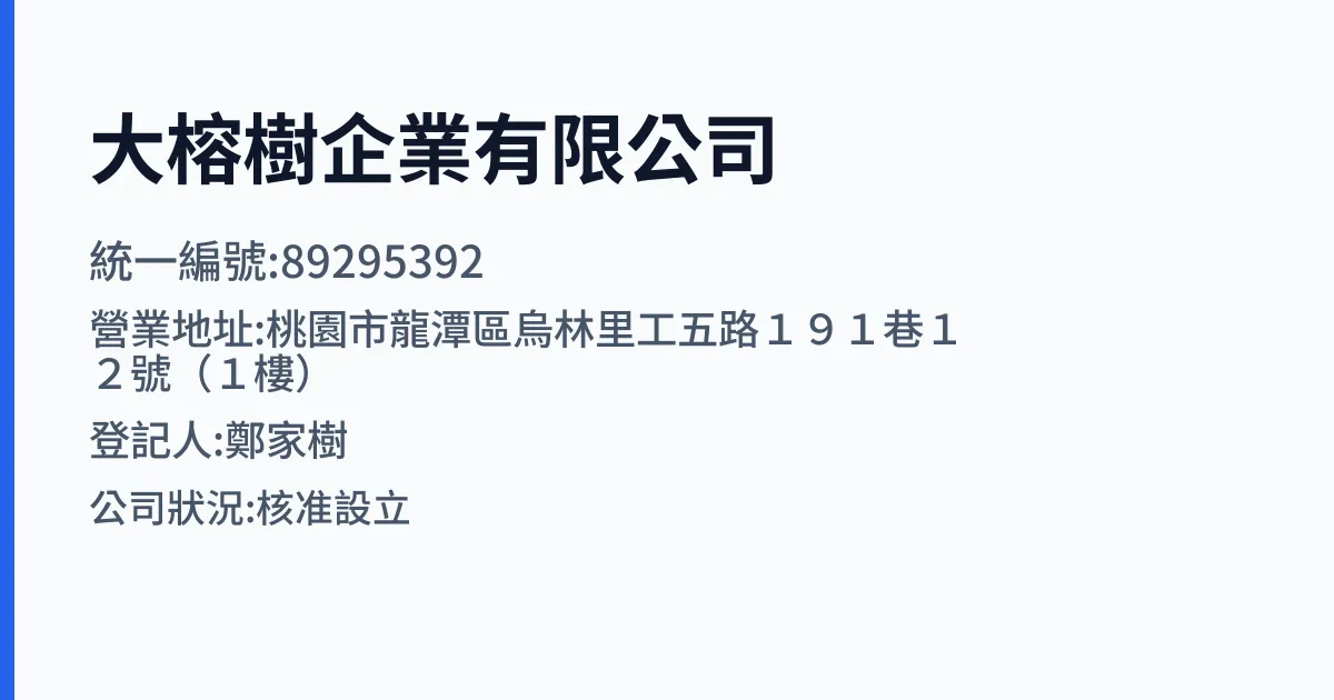 大榕樹企業有限公司 - 統編 89295392(桃園市) 公司登記資料與營業項目詳細圖表
