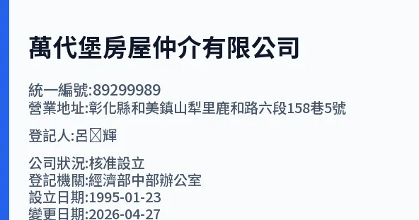萬代堡房屋仲介有限公司的照片-統編 89299989(彰化縣) 公司登記資料與營業項目詳細圖表