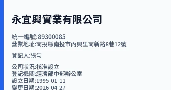 永宜興實業有限公司的照片-統編 89300085(南投縣) 公司登記資料與營業項目詳細圖表