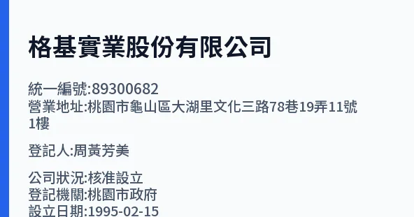 格基實業股份有限公司的照片-統編 89300682(桃園市) 公司登記資料與營業項目詳細圖表