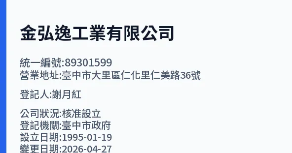 金弘逸工業有限公司的照片-統編 89301599(臺中市) 公司登記資料與營業項目詳細圖表