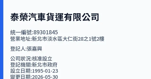 泰榮汽車貨運有限公司的照片-統編 89301845(新北市) 公司登記資料與營業項目詳細圖表