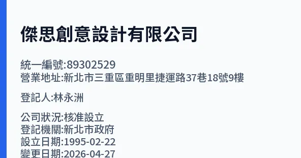 傑思創意設計有限公司的照片-統編 89302529(新北市) 公司登記資料與營業項目詳細圖表