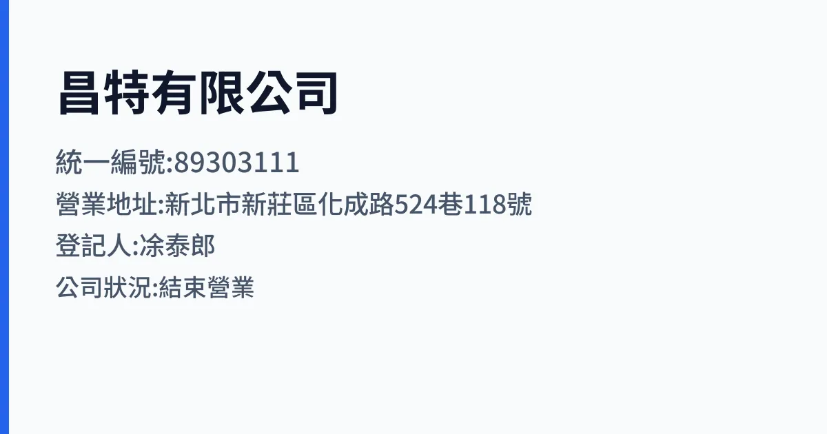 昌特有限公司 - 統編 89303111(新北市) 公司登記資料與營業項目詳細圖表